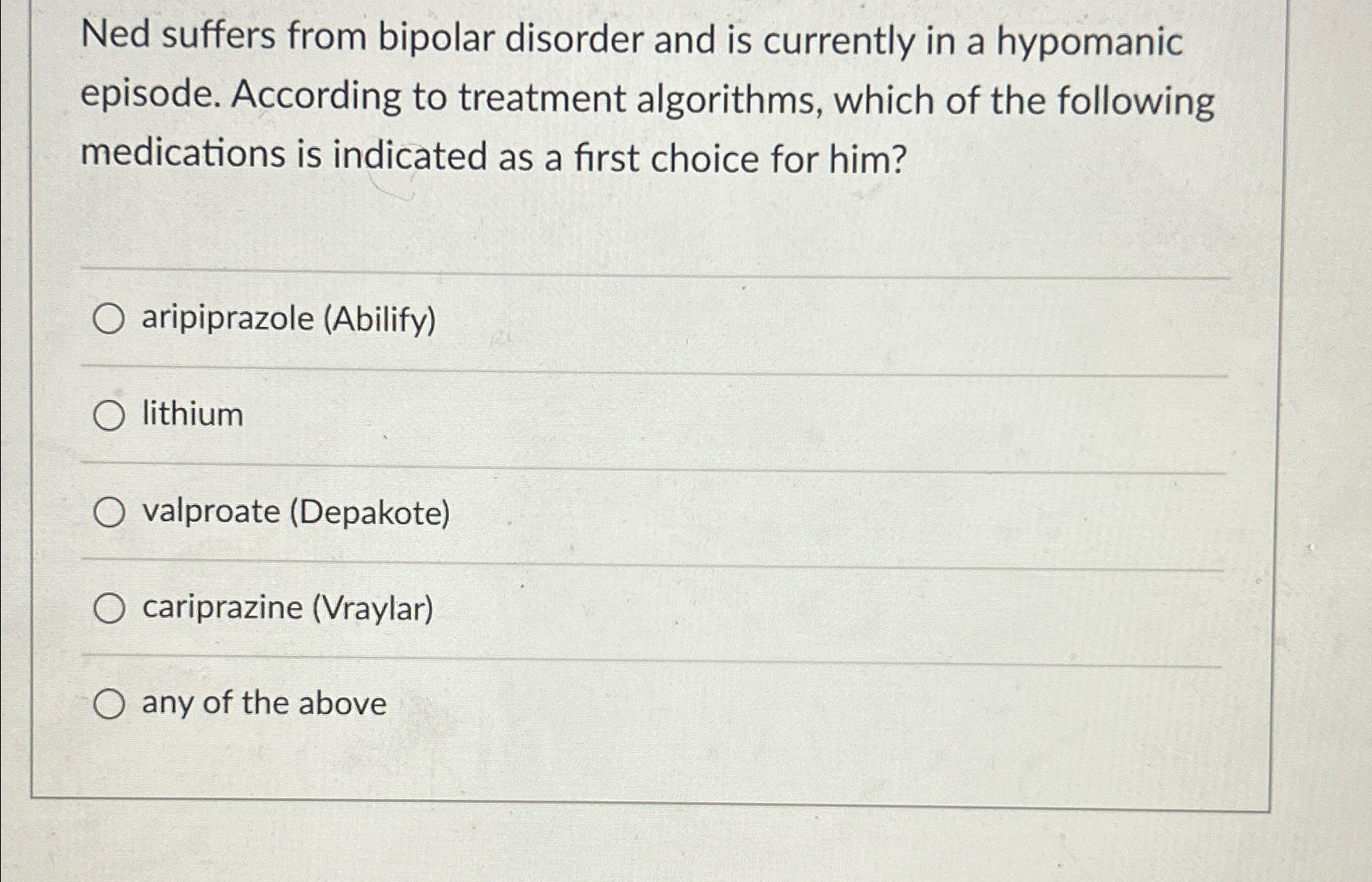 Solved Ned suffers from bipolar disorder and is currently in | Chegg.com