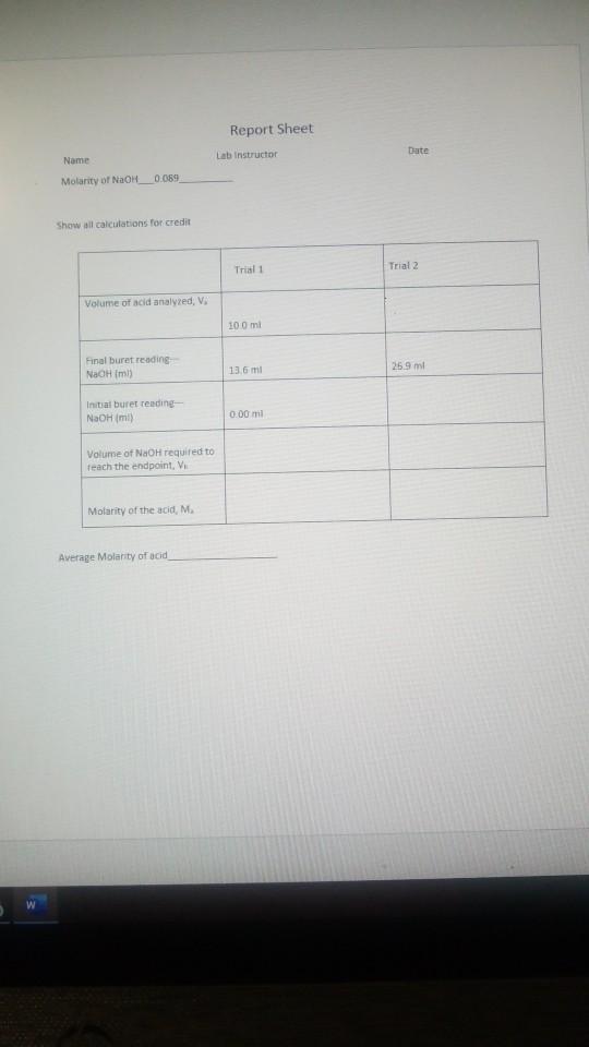 Solved Report Sheet Nome Date Lab instructor 0.089 Molarity | Chegg.com