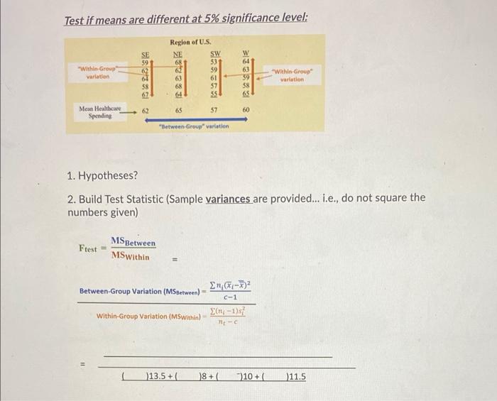Solved Test if means are different at 5% significance level: | Chegg.com