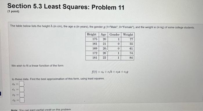 Solved Section 5.3 Least Squares: Problem 11 (1 point) The | Chegg.com