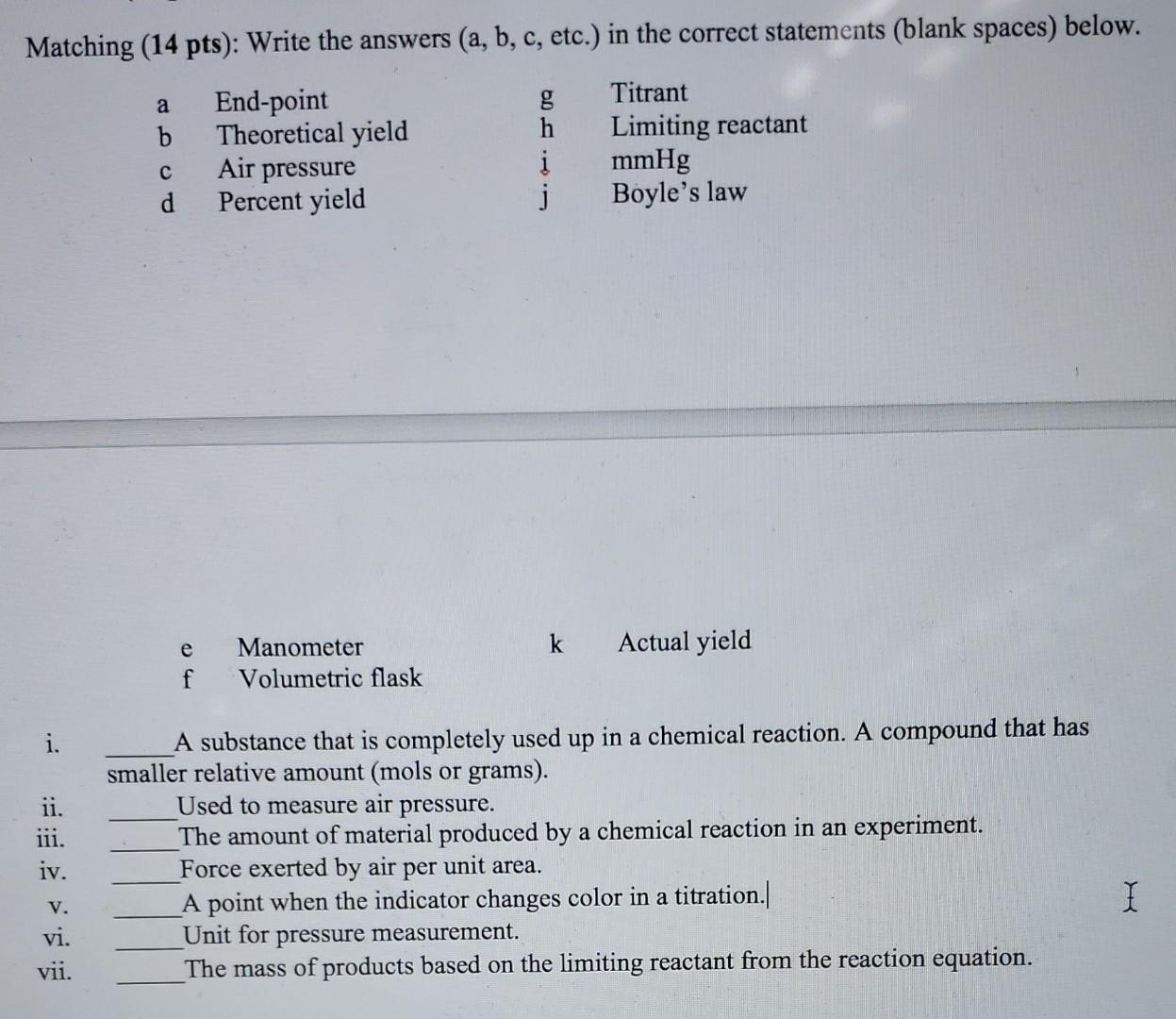 Solved Matching ( 14pts) : Write the answers (a, b, c, etc.) | Chegg.com