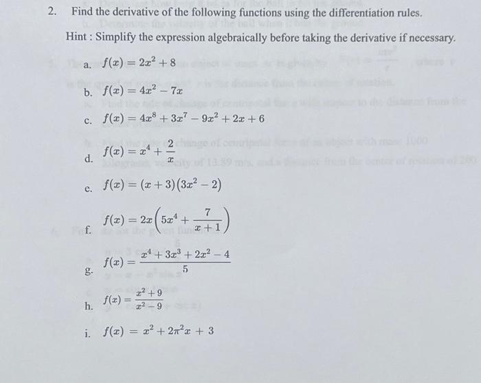 Solved 2. Find the derivative of the following functions | Chegg.com