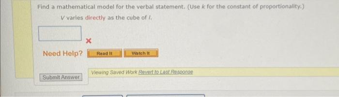 Solved Find a mathematical model for the verbal statement. | Chegg.com