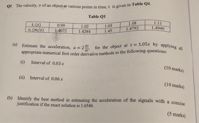 Solved Q1 The velocity, v of an object at various points in | Chegg.com