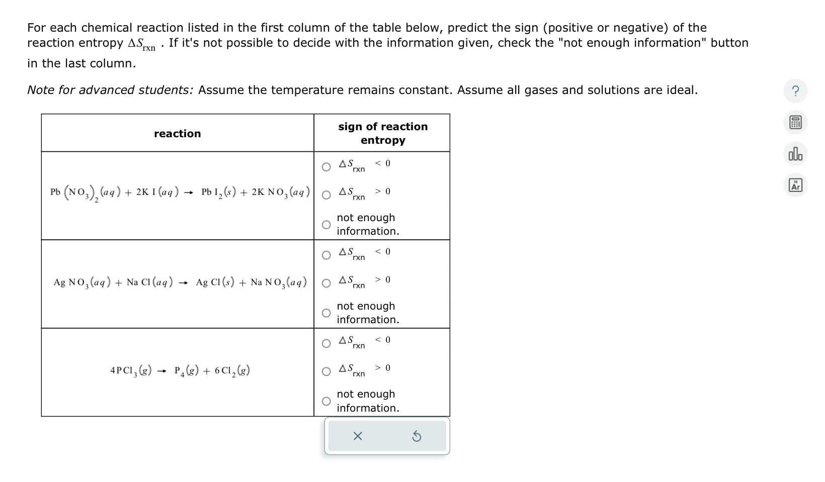 Solved For each chemical reaction listed in the first column | Chegg.com