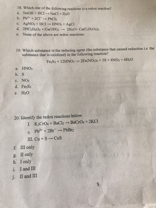 Solved 18. Which one of the following reactions is a redox | Chegg.com