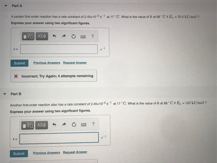 Solved Part A A certain first-order reaction has a rate | Chegg.com