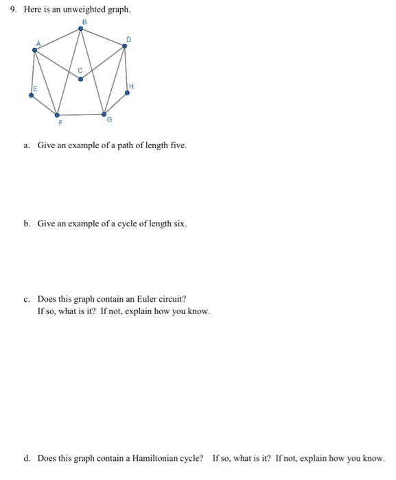 Solved 9. Here is an unweighted graph. a. Give an example of | Chegg.com