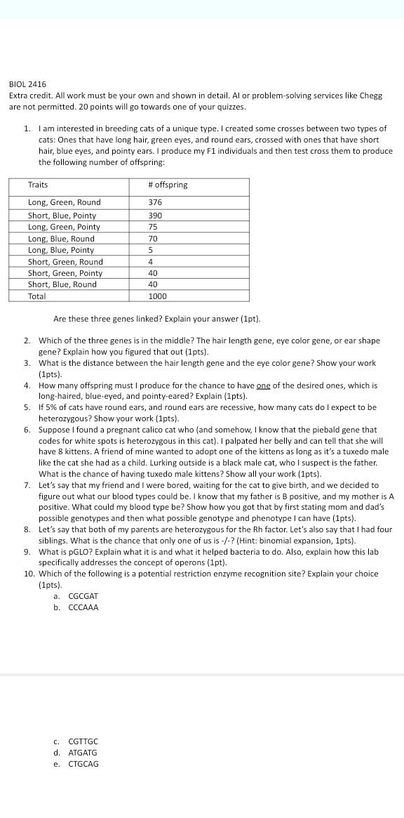Solved BIOL 2416 Extra credit. All work must be your own and | Chegg.com