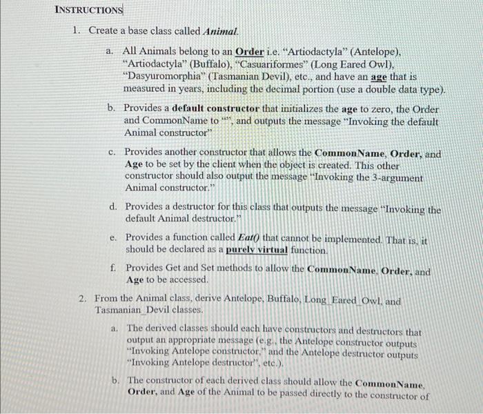 Solved 1. Create a base class called Animal. a. All Animals | Chegg.com