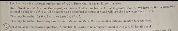 Solved 1. Let A={r:r is a rational number and r2
