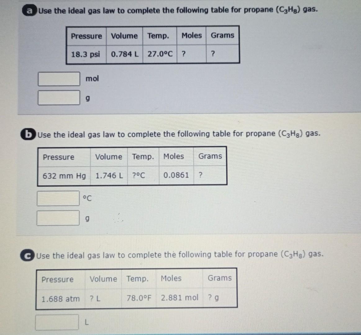 Solved a Use the ideal gas law to complete the following | Chegg.com