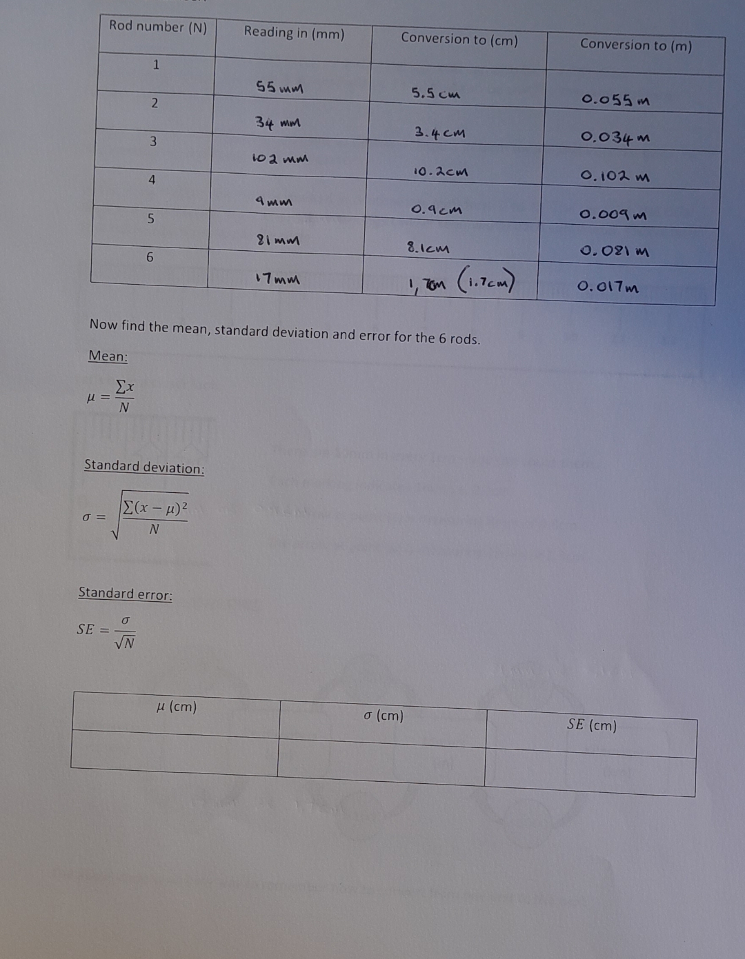 \table[[Rod number (N),Reading in (mm),Conversion to | Chegg.com