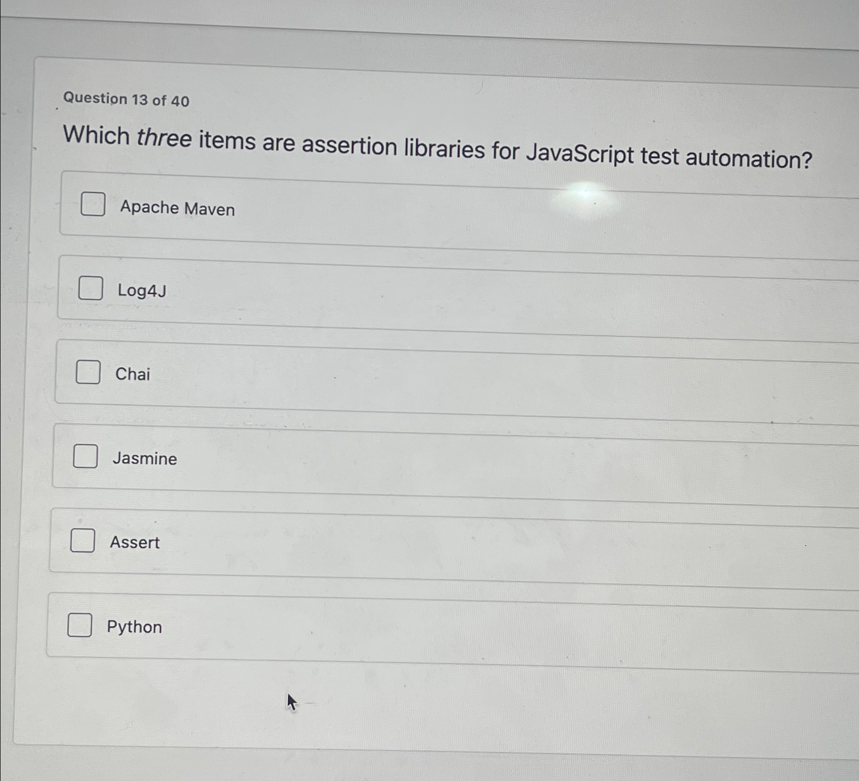 Solved Question 13 ﻿of 40Which three items are assertion | Chegg.com