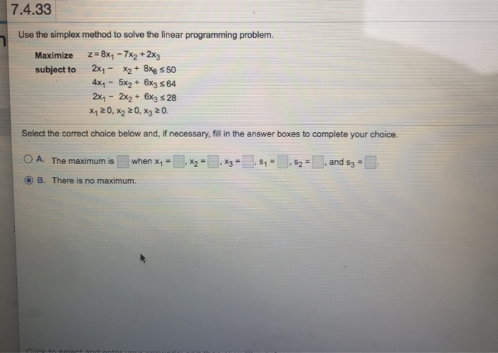 Solved 7.4.33 Use the simplex method to solve the linear | Chegg.com
