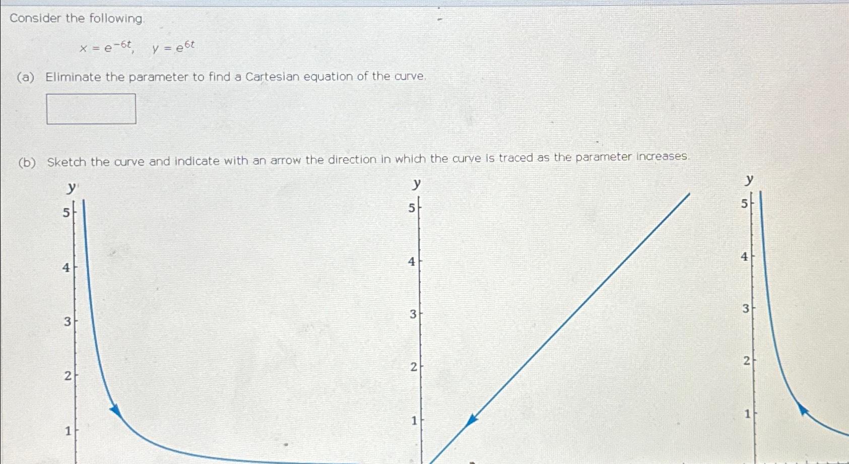 Solved Consider the following.x=e-6t,y=e6t(a) ﻿Eliminate the | Chegg.com