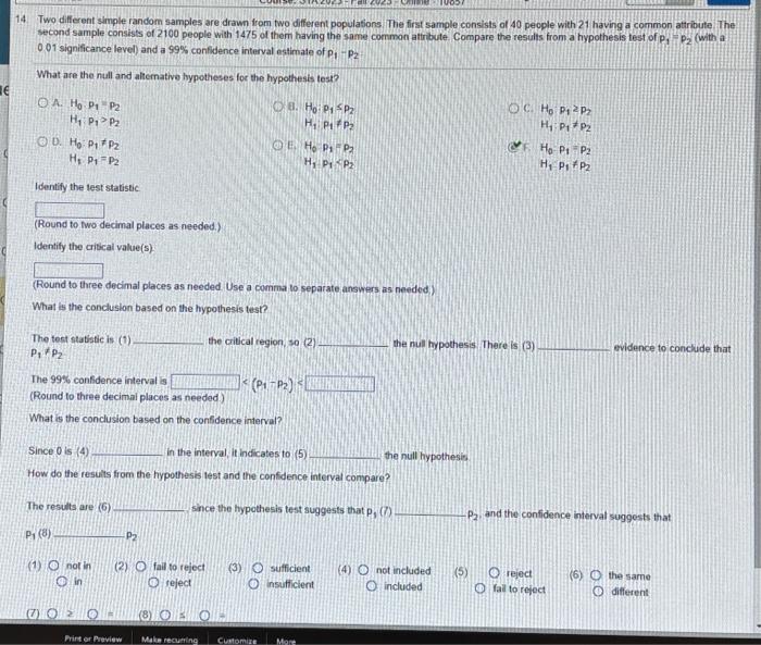 Solved Two different simple random samples are drawn from | Chegg.com