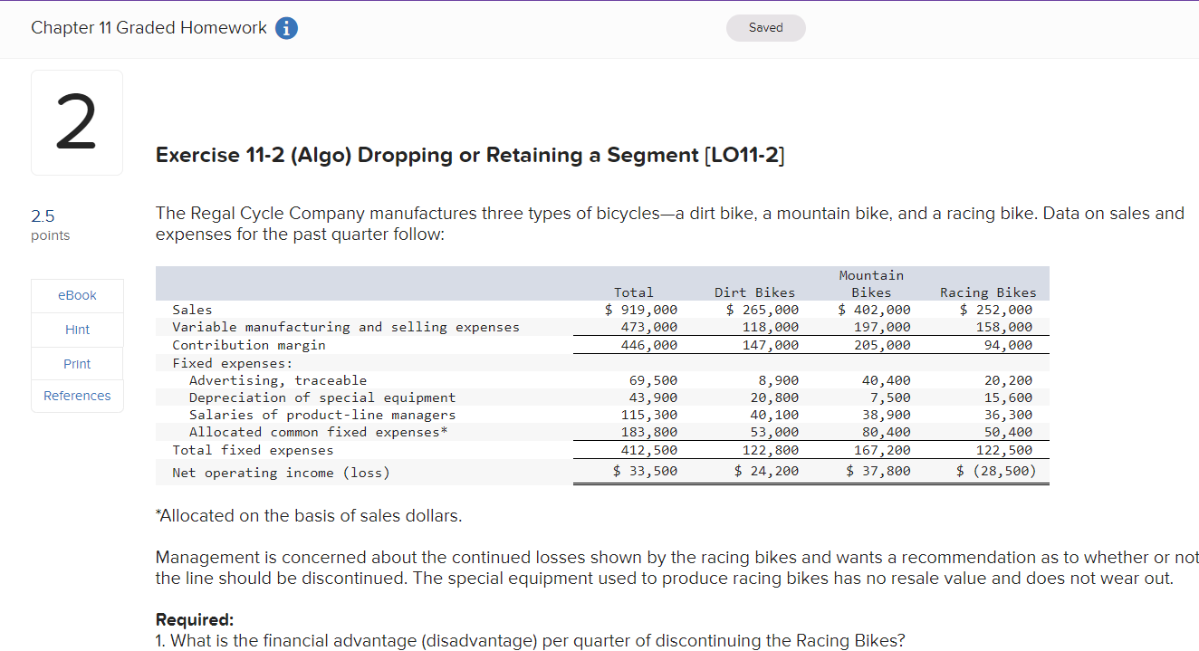 Solved Chapter 11 ﻿HomeworkThe Regal Cycle Company | Chegg.com