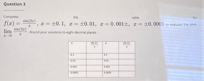 Solved Complete f(x) lim sin(2x) I x-0 = sin(2x) x the " x = | Chegg.com