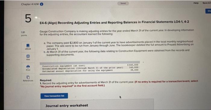 Solved E4-6 (Algo) Recording Adjusting Entries and Reporting | Chegg.com
