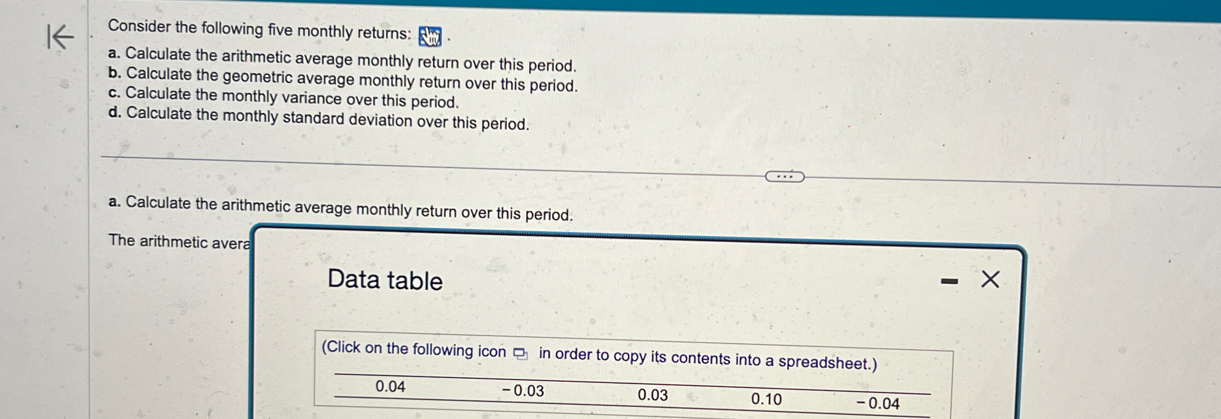 Solved Consider the following five monthly returns:a. | Chegg.com