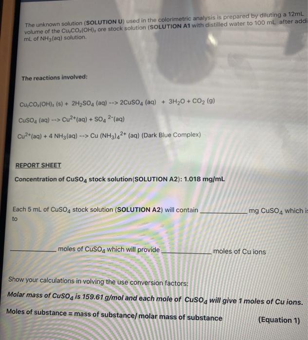 Solved Each 5 mL of CuSO4 stock solution (SOLUTION A2) will | Chegg.com