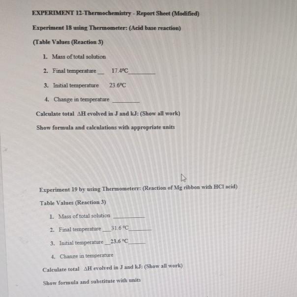 Solved EXPERIMENT 12-Thermochemistry - Report Sheet | Chegg.com