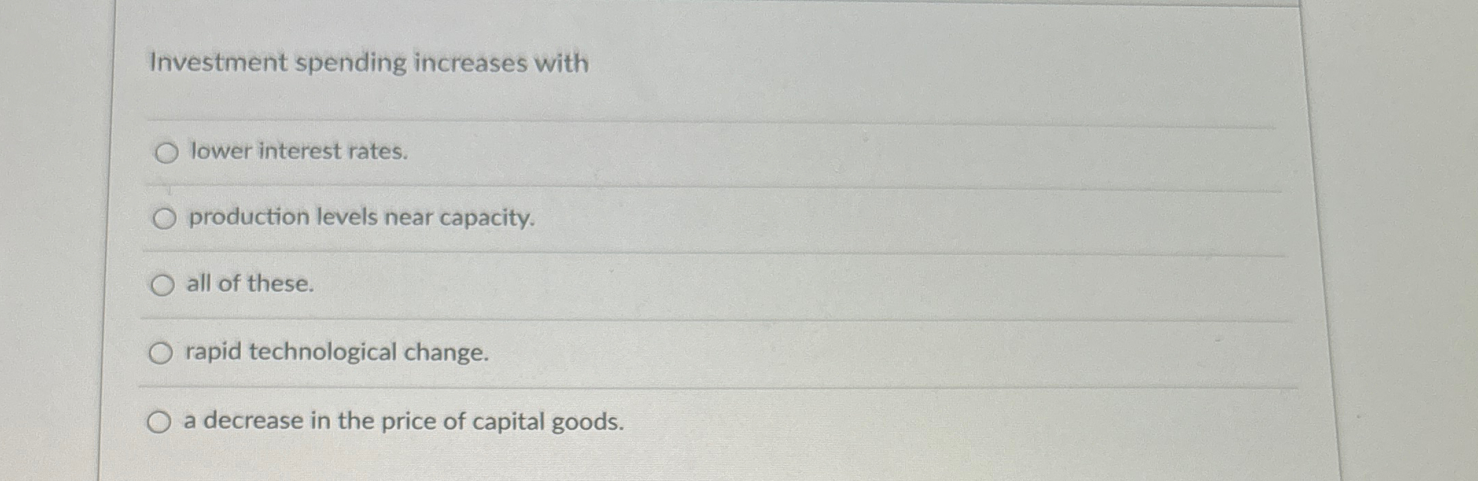 Solved Investment spending increases withlower interest | Chegg.com