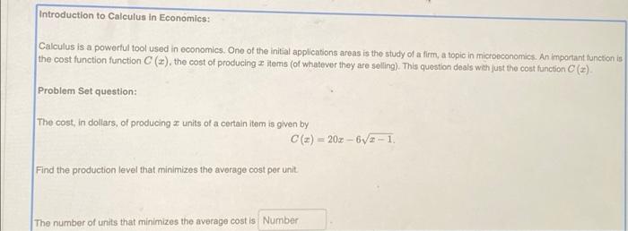 Solved Introduction to Calculus in Economics: Calculus is a | Chegg.com