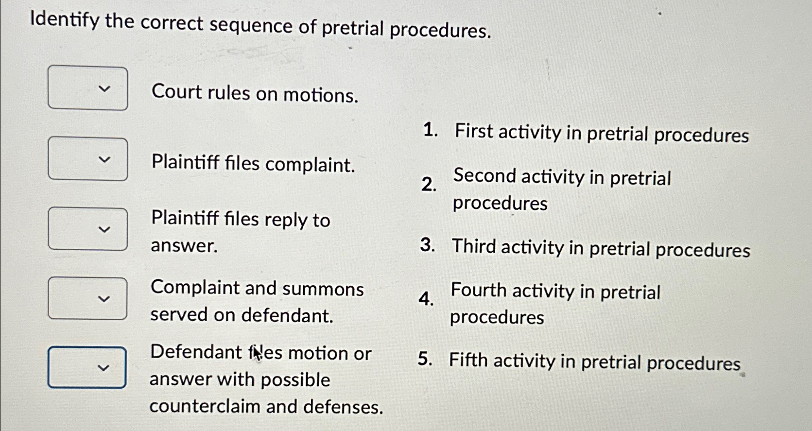 Solved Identify the correct sequence of pretrial | Chegg.com