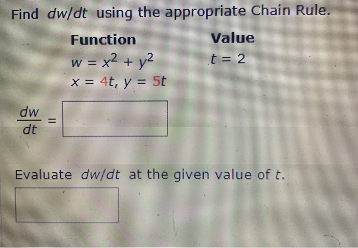 Solved Find dw/dt using the appropriate Chain Rule. Function | Chegg.com
