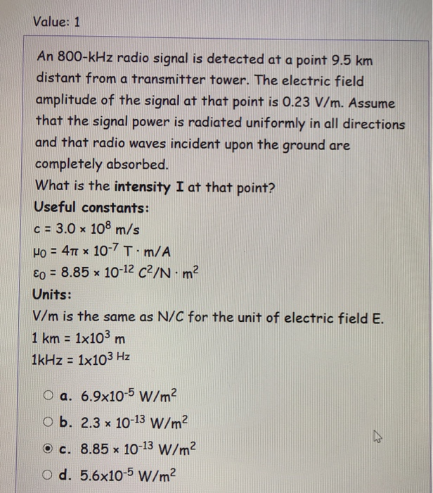 Solved Value: 1 An 800-kHz radio signal is detected at a | Chegg.com