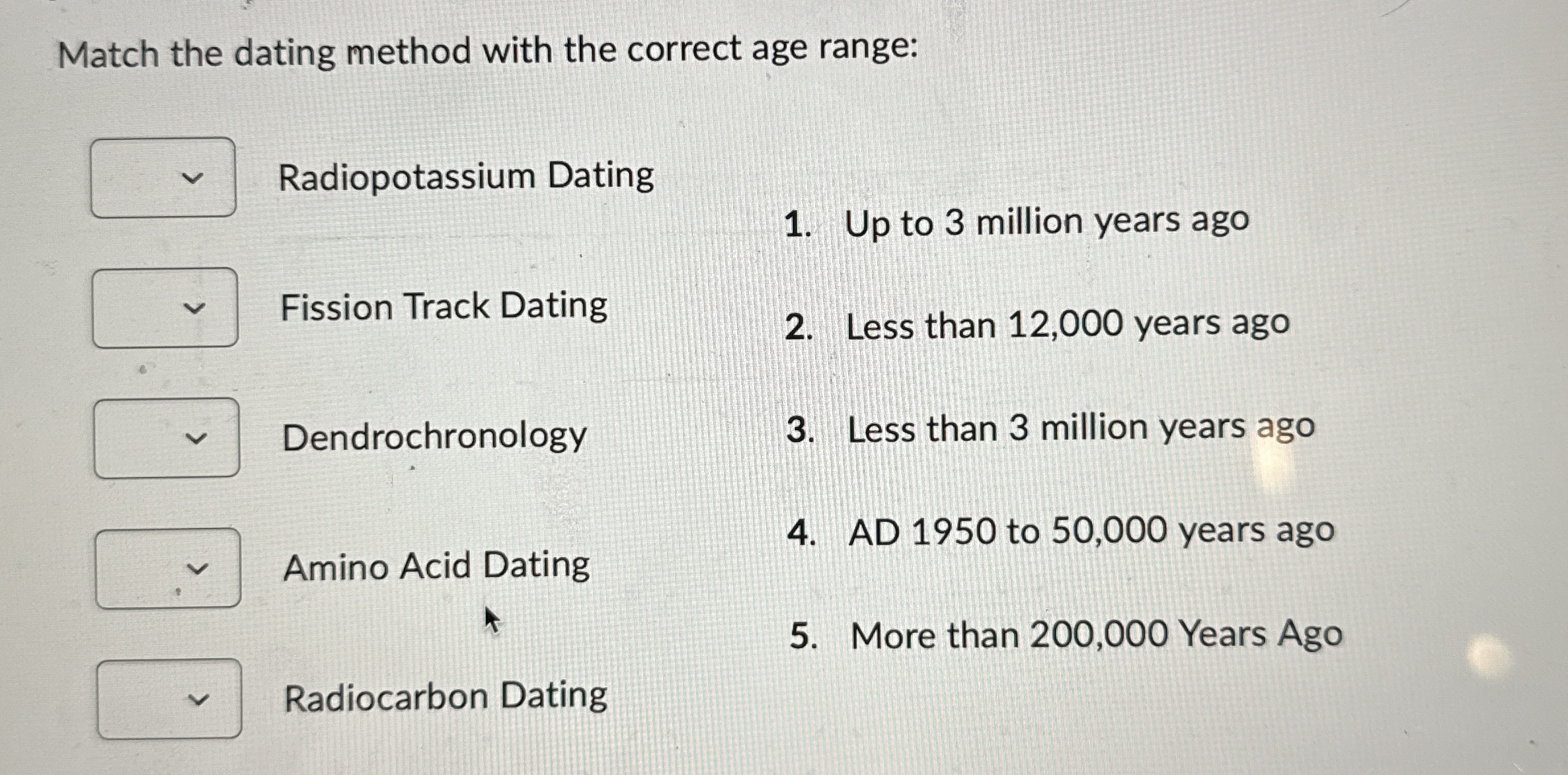 Solved Match the dating method with the correct age | Chegg.com