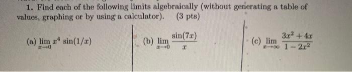 Solved 1. Find each of the following limits algebraically | Chegg.com