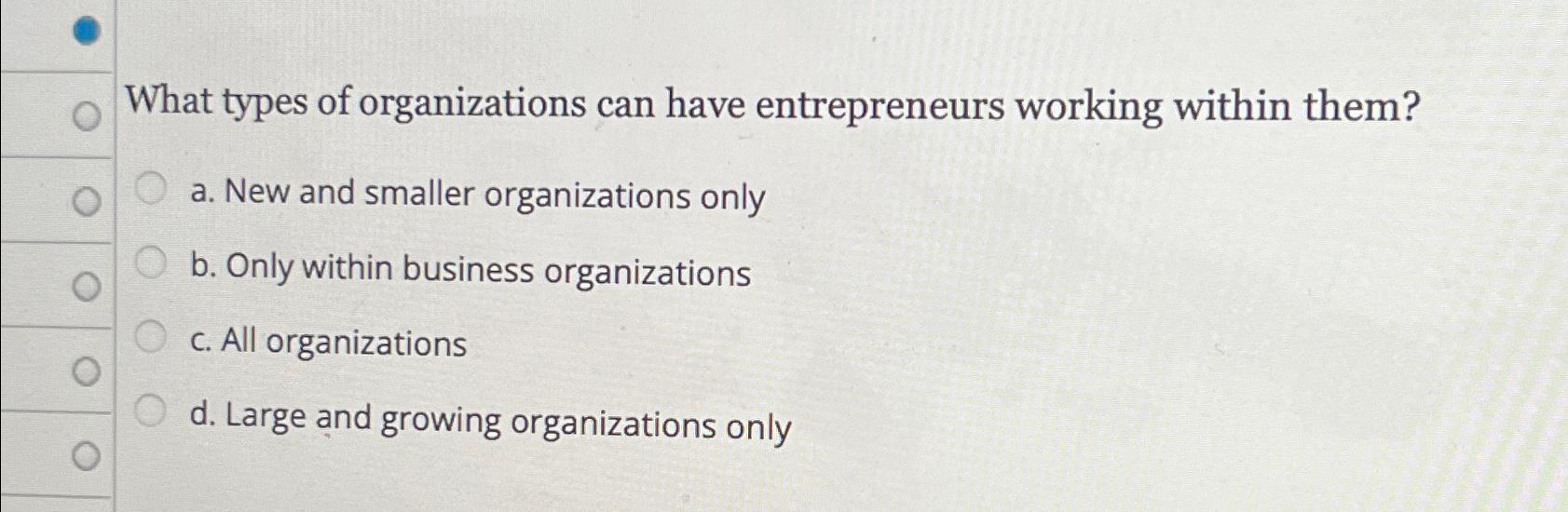 Solved What types of organizations can have entrepreneurs | Chegg.com