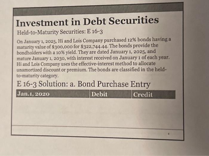 Solved Investment in Debt Securities Held-to-Maturity | Chegg.com