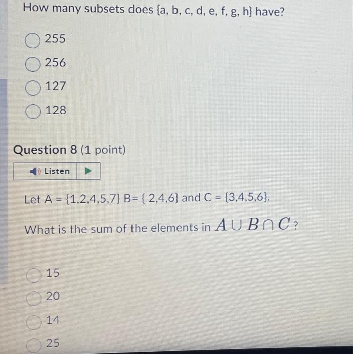 Solved How many subsets does {a,b,c,d,e,f,g,h} have? | Chegg.com
