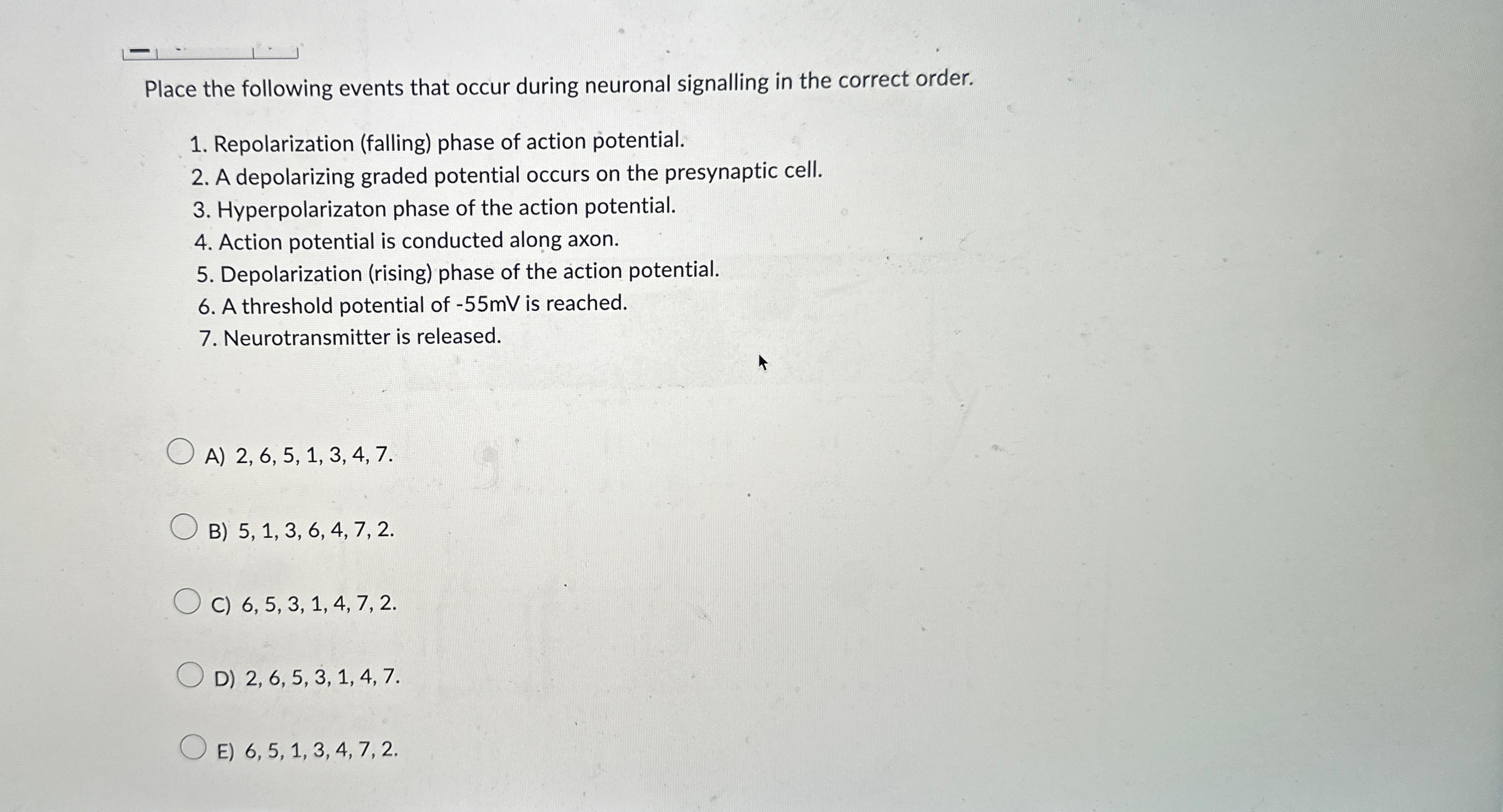 Solved Place the following events that occur during neuronal | Chegg.com