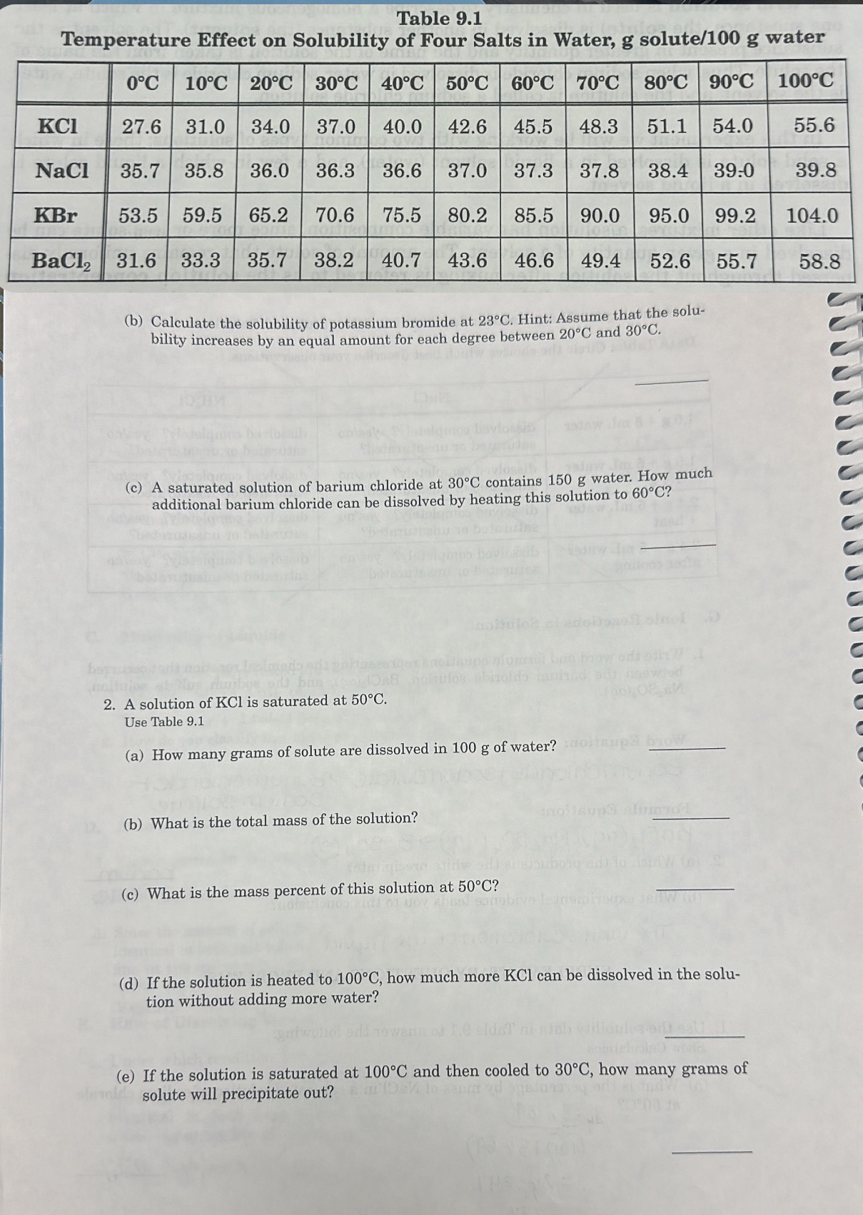 Solved Table 9.1Temperature Effect on Solubility of Four | Chegg.com