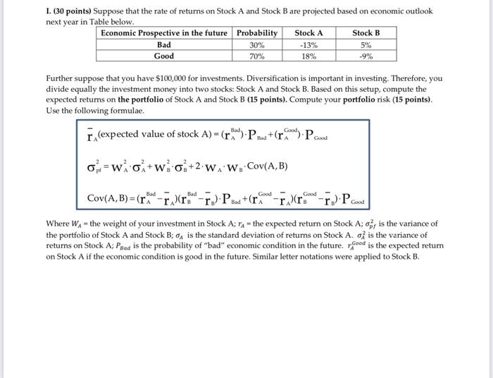 Solved I. (30 points) Suppose that the rate of returns on | Chegg.com
