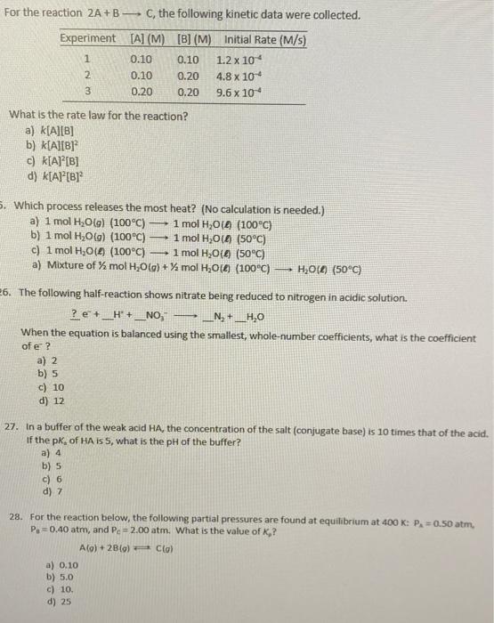 Solved For the reaction 2A+B - C, the following kinetic data | Chegg.com