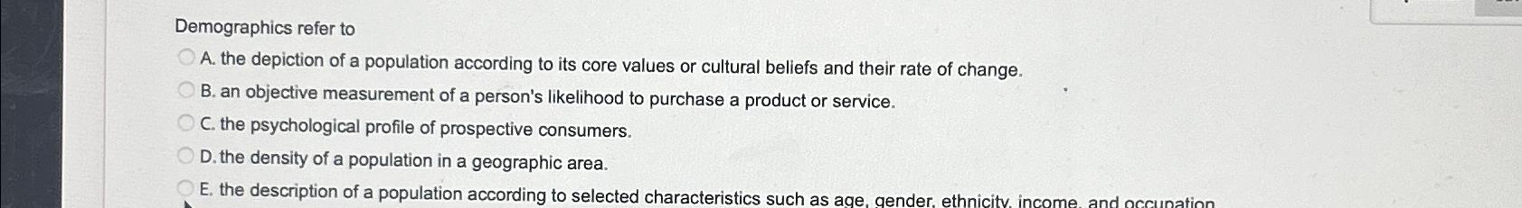 Solved Demographics refer toA. ﻿the depiction of a | Chegg.com