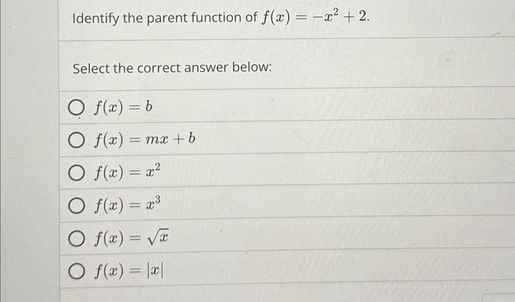 Solved Identify the parent function of f(x)=-x2+2.Select the | Chegg.com