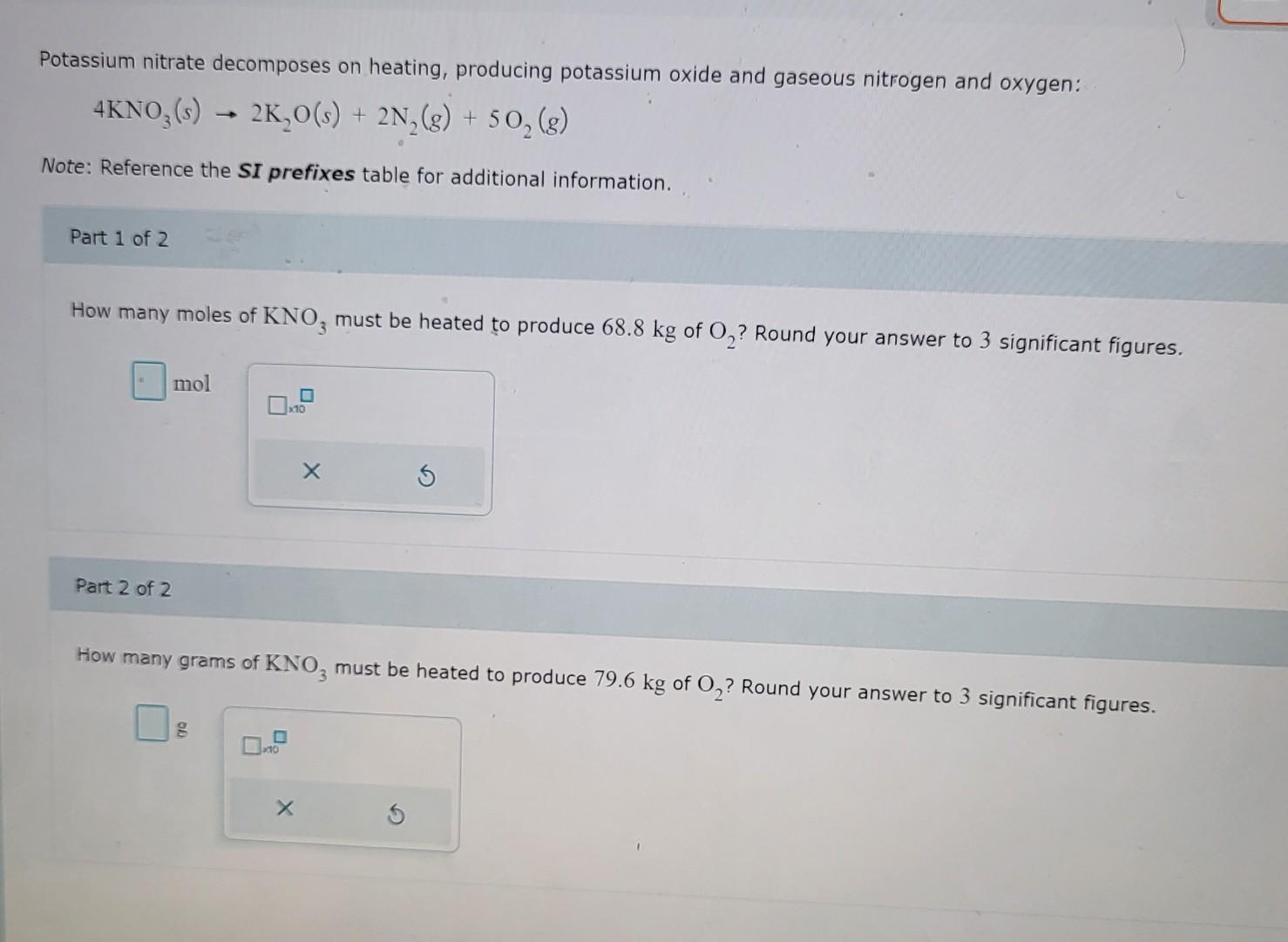 Solved Potassium nitrate decomposes on heating, producing | Chegg.com