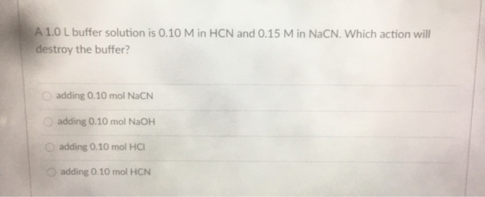 Solved A 1.0 L buffer solution is 0.10 M in HCN and 0.15 Min | Chegg.com