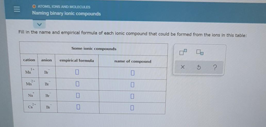 Solved III O ATOMS, IONS AND MOLECULES Naming binary ionic | Chegg.com