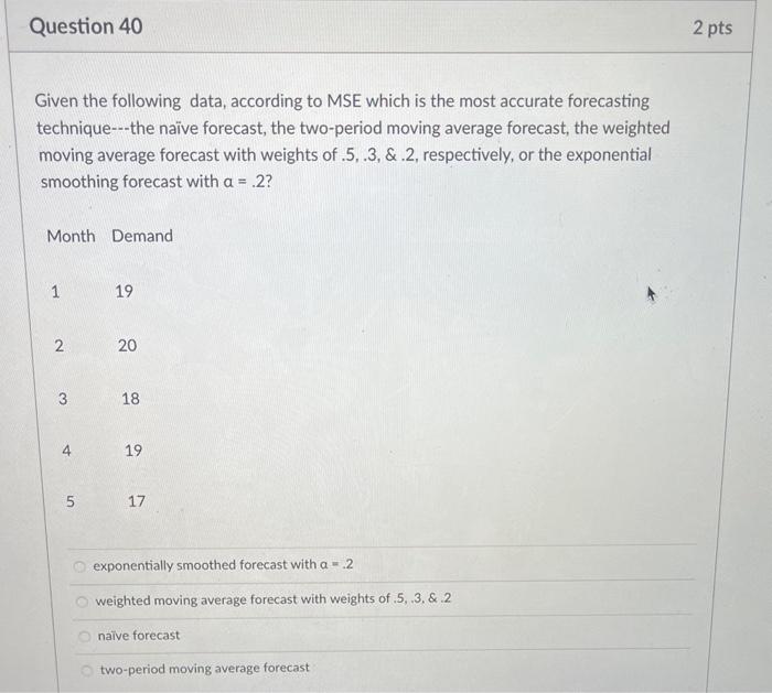 Solved Given the following data, according to MSE which is | Chegg.com