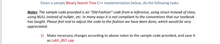 Given a sample Binary Search Tree C++ implementation | Chegg.com