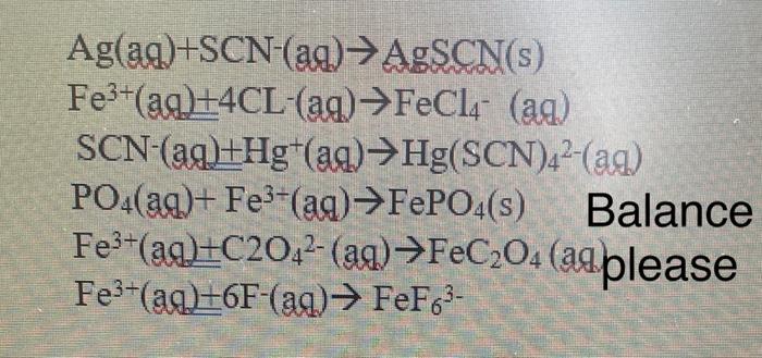 Solved Ag(aq)+SCN-(aq) → AgSCN(S) Fe3+(aq)+4CL-(aq) →FeCl4- | Chegg.com
