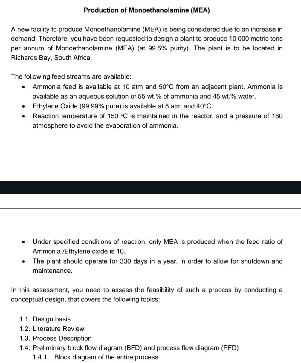 Solved Production of Monoethanolamine (MEA)A new facility to | Chegg.com